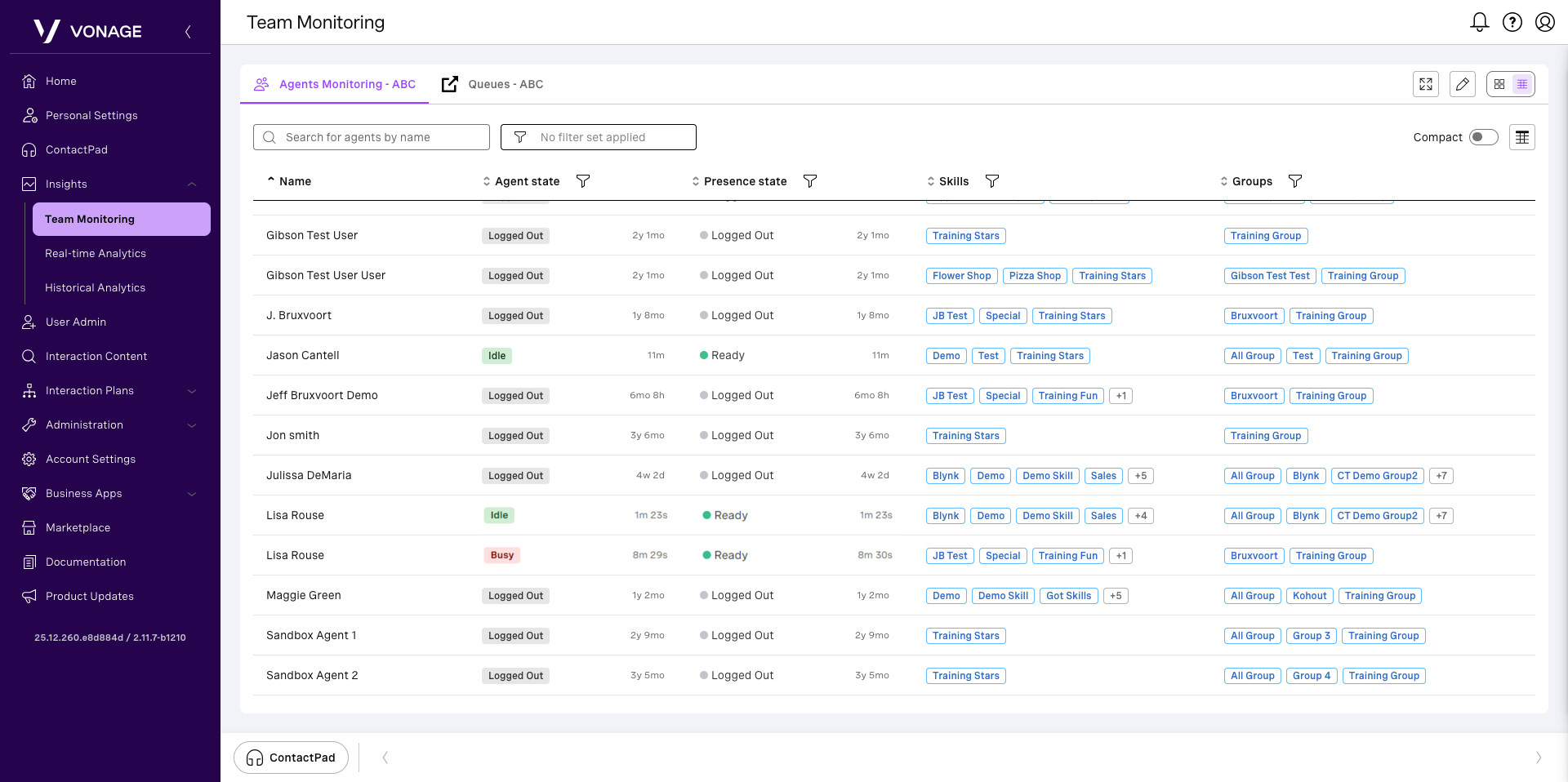 Contact Center (Supervisor) - Insights | Team Monitoring - Vonage ...