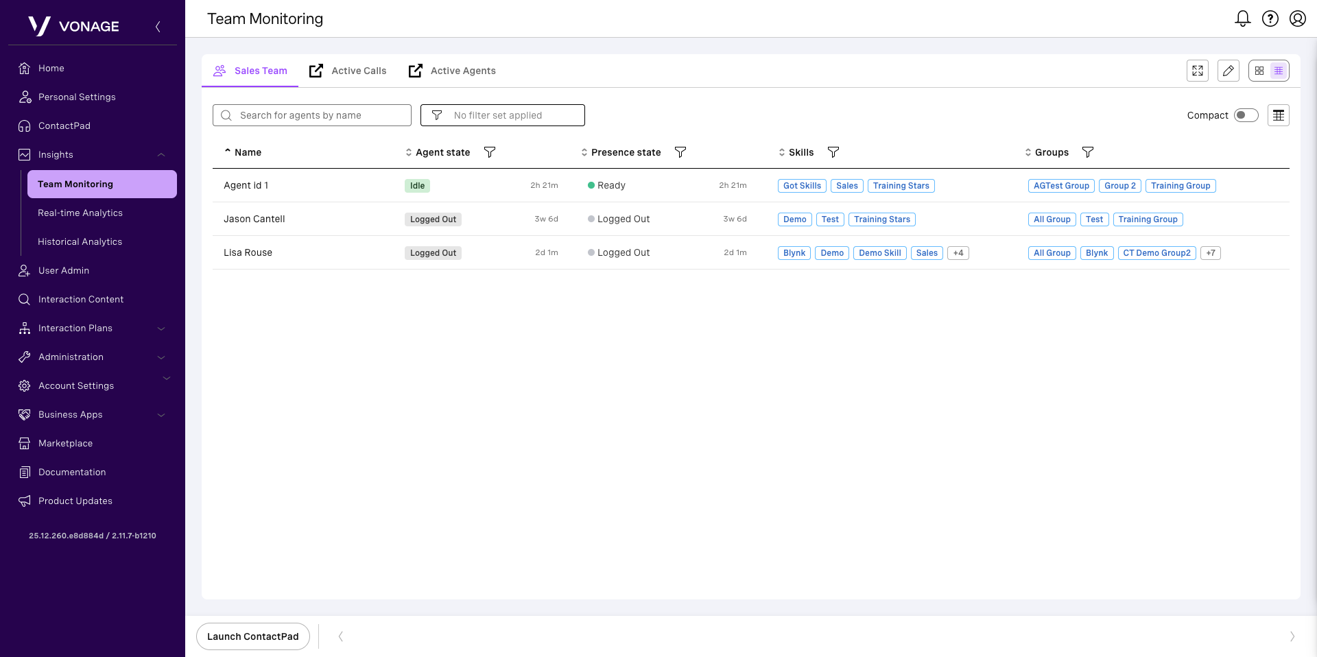 Contact Center (Supervisor) - Insights | Team Monitoring - Vonage ...